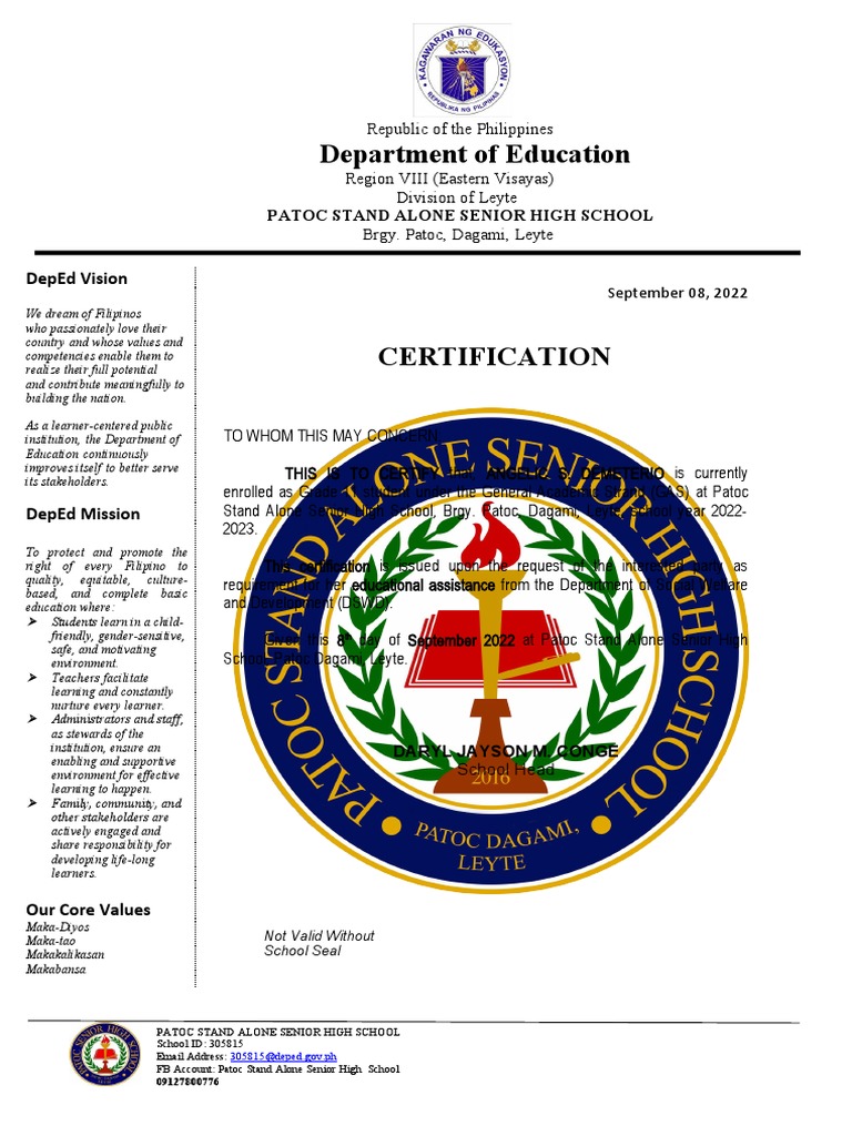 Certification for Grade 11 Student at PATOC | PDF | Learning | Cognition