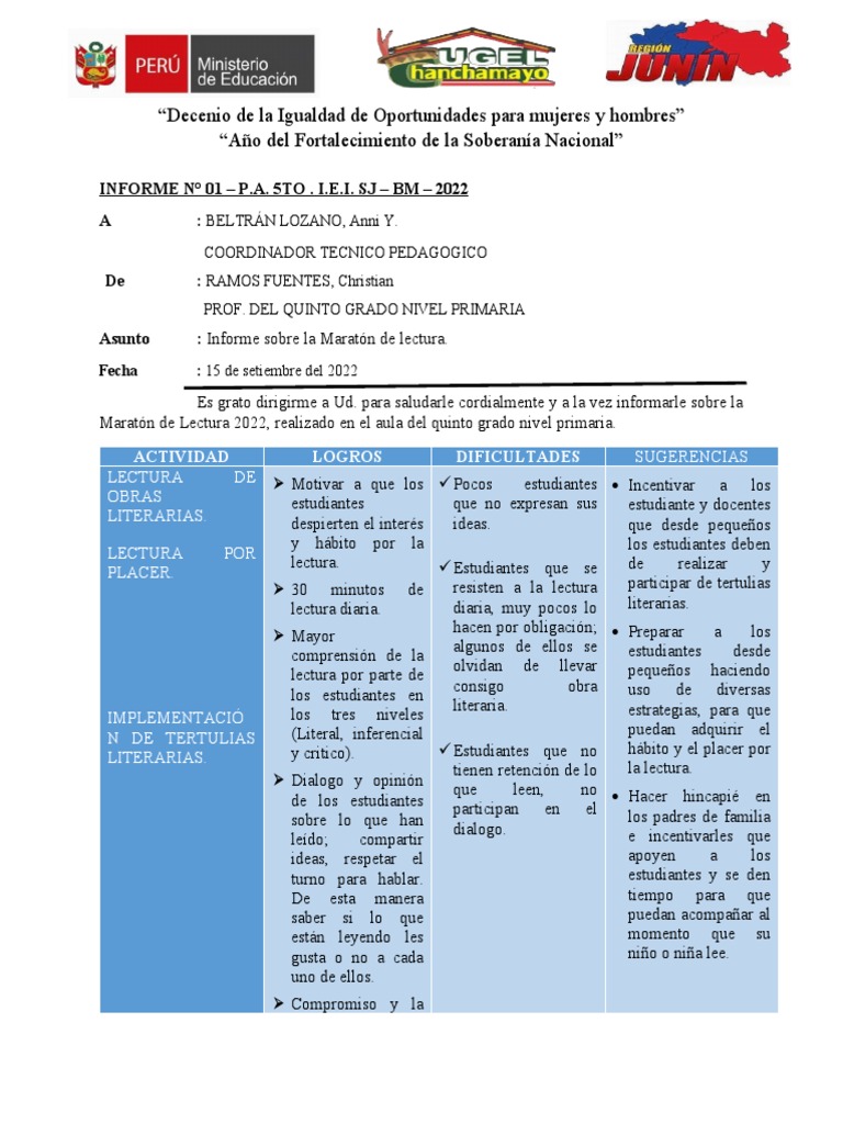 Informe Sobre La Maraton de Lectura | PDF | Aprendizaje