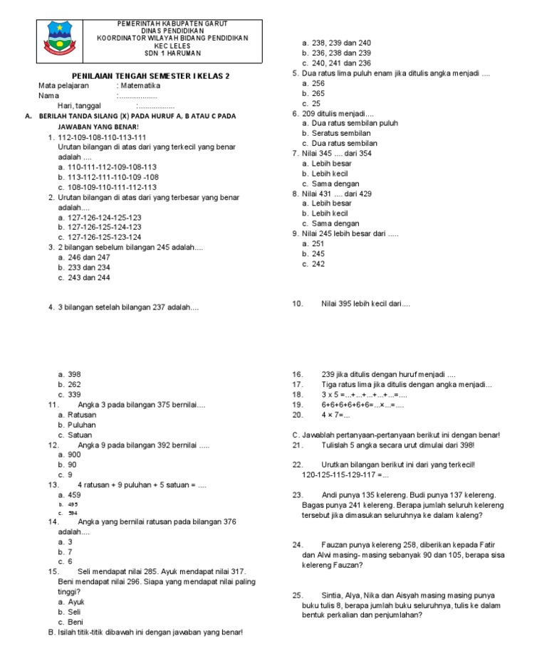 Soal PTS Matematika KLS 2 SMSTR 1 | PDF