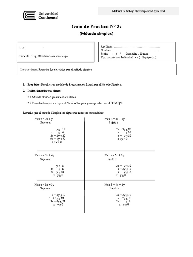 Practica Nro 03 Metodo Simplex | PDF | Programación lineal | Algoritmos y Estructuras de Datos