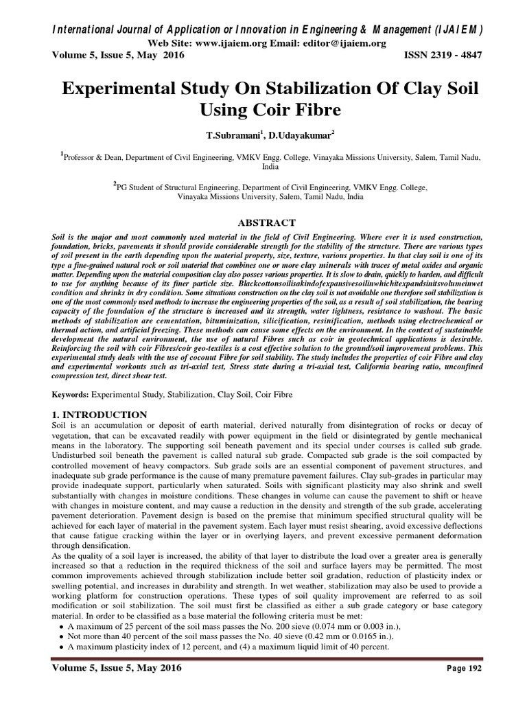 Experimental Study On Stabilization of Clay Soil Using Coir Fibre | PDF ...