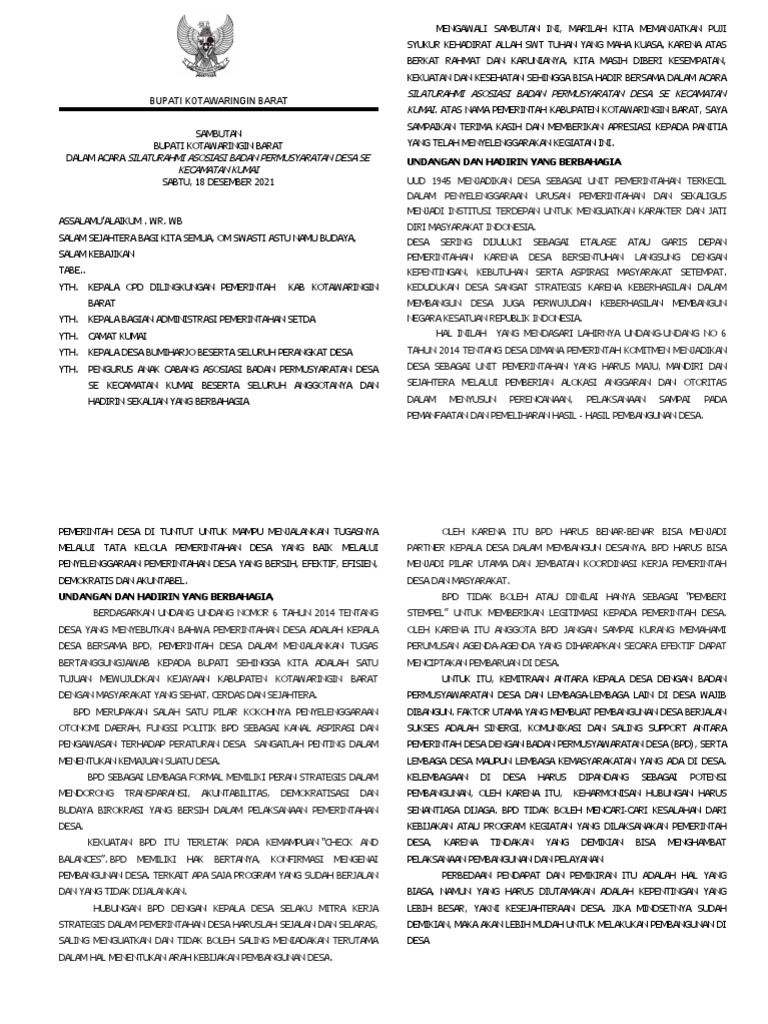 Sambutan Bupati Raker BPD Se Kumai Di Bumiharjo 18 Des 2021 | PDF | Ilmu Sosial