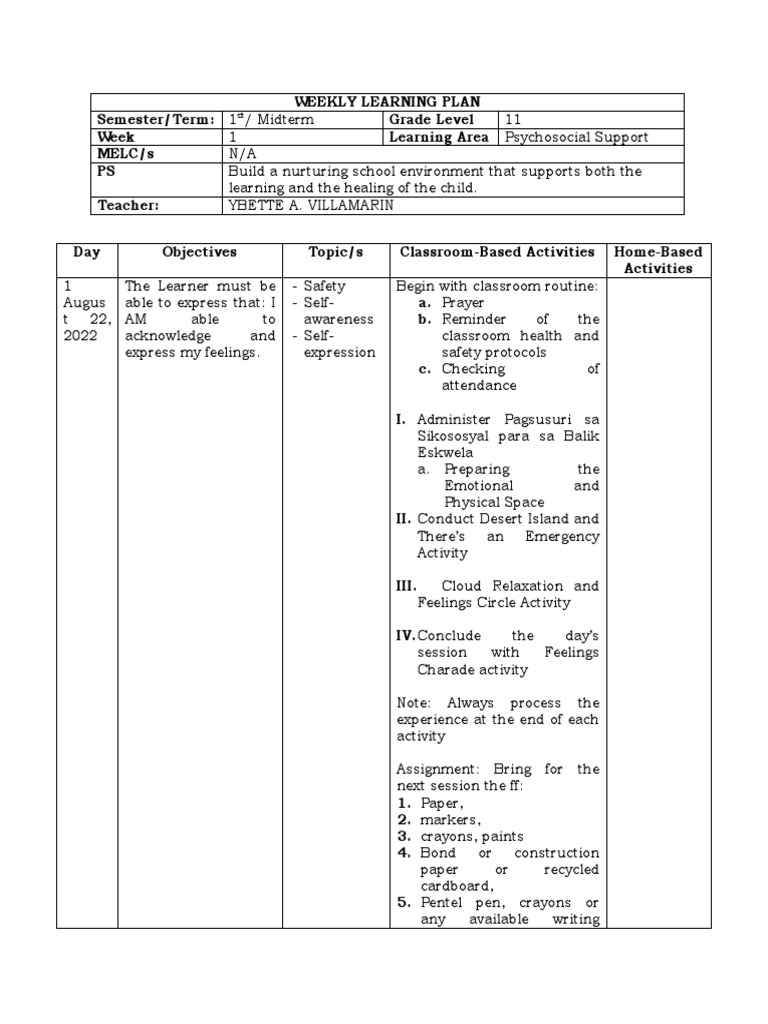 Weekly Psychosocial Learning Plan | PDF | Learning | Psychology