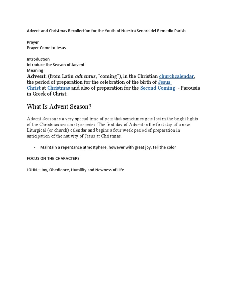 Advent and Christmas Recollection For The Youth of Nuestra Senora Del Remedio Parish | PDF