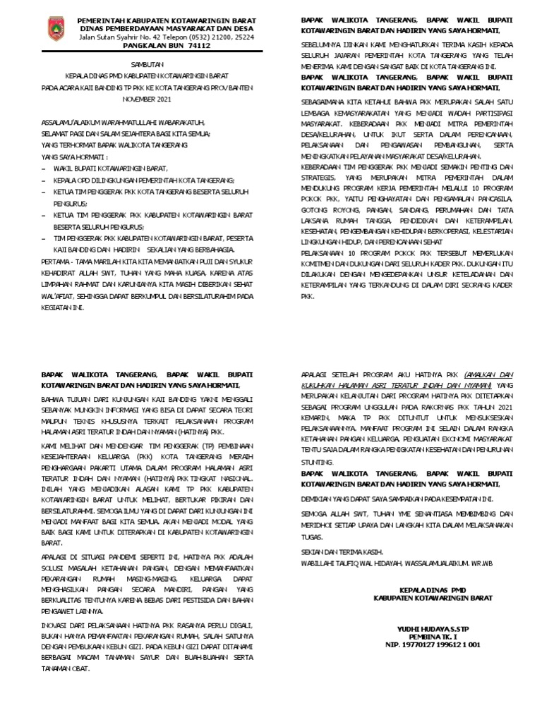 Sambutan Pak Kabid Studi Banding PKK Tangerang | PDF