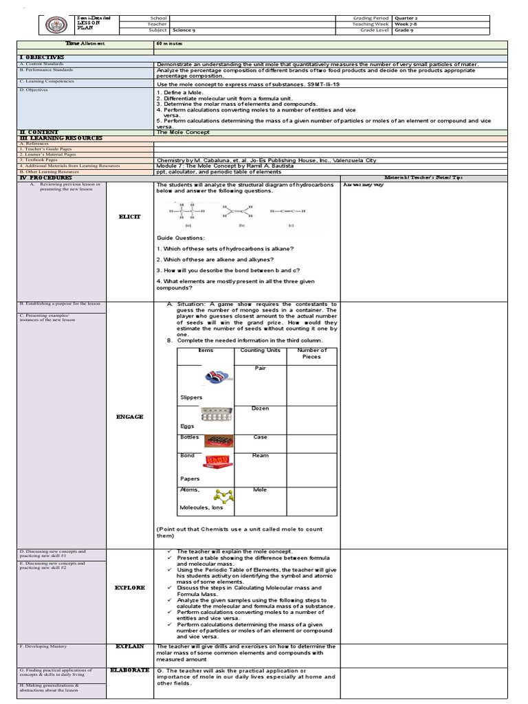 Grade 9 Science Lesson on Mole Concept | PDF | Mole (Unit) | Molecules
