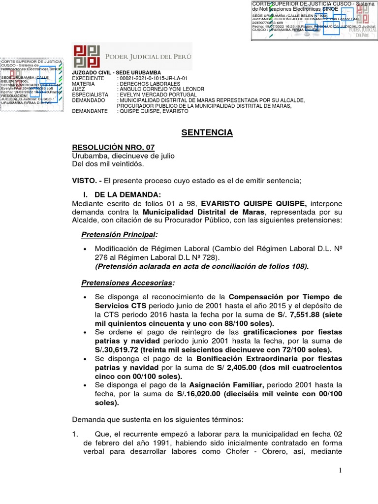 Sentencia Laboral | PDF | Servicio Civil | Derecho laboral