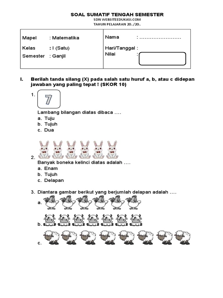 Soal STS MTK Kelas 1 | PDF