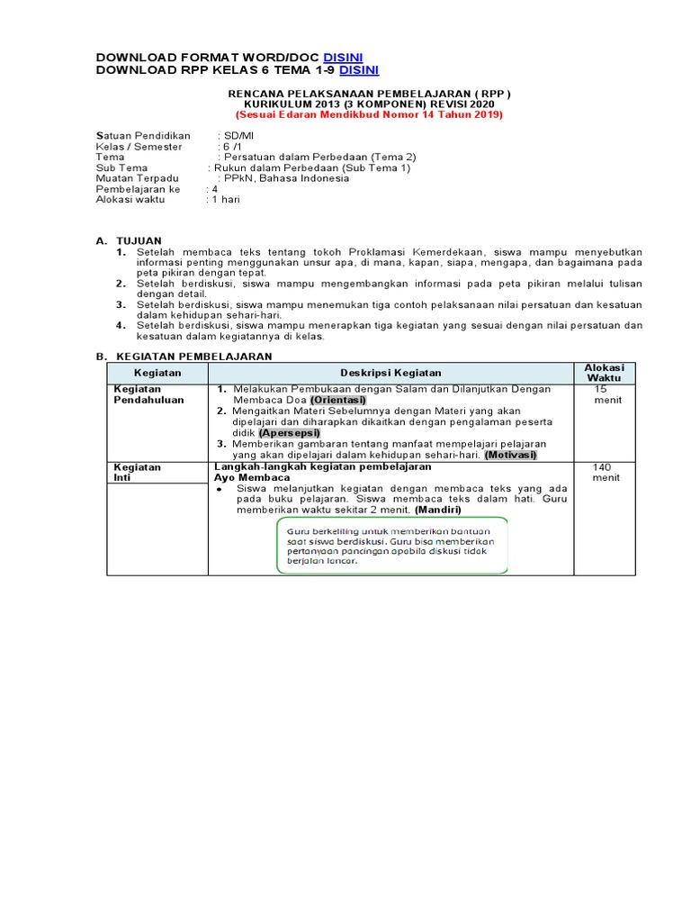 Format Word/Doc Download RPP Kelas 6 Tema 1-9: Disini Disini | PDF ...