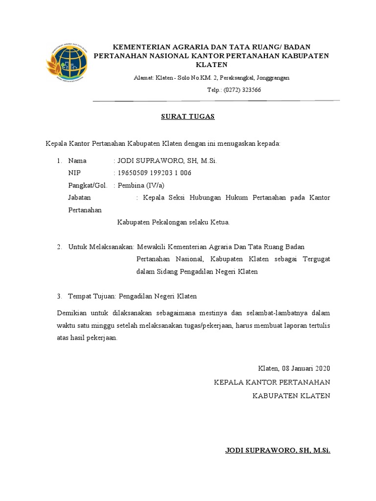 Surat Tugas Kepala Pertanahan Klaten | PDF