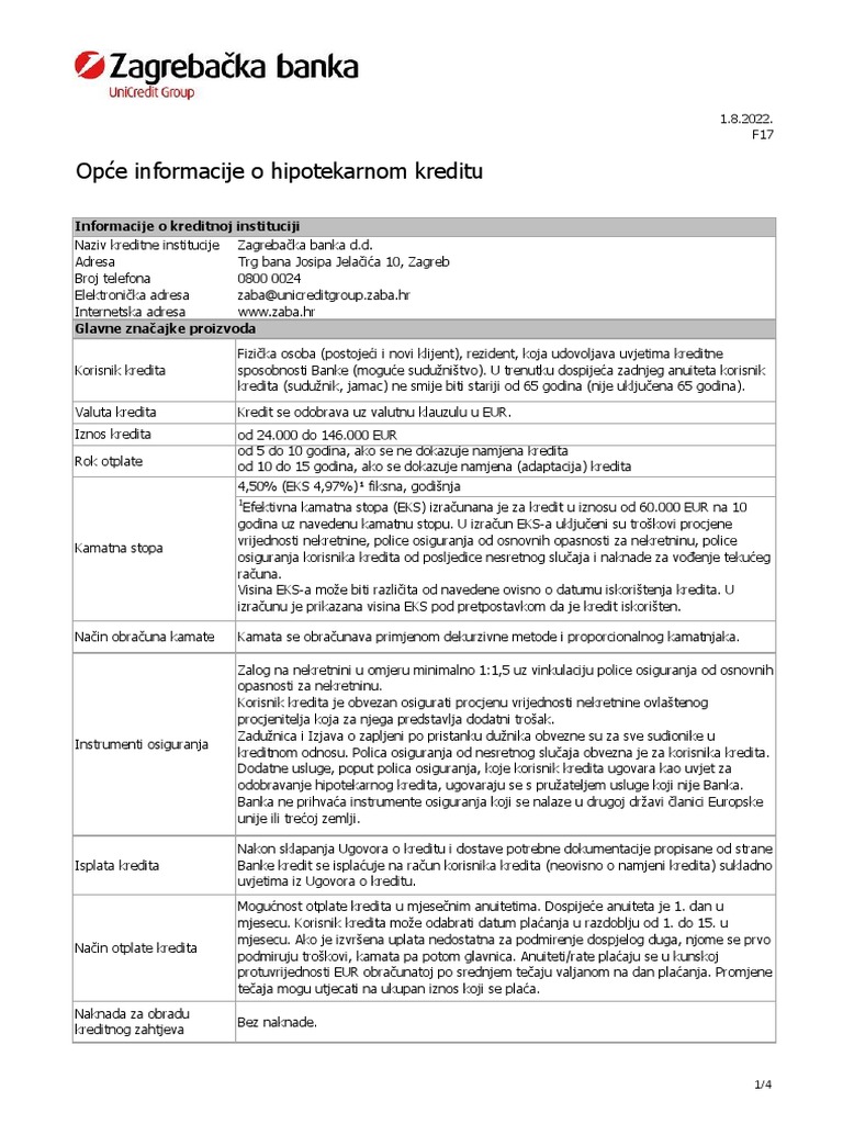 Opce Informacije o Hipotekarnom Kreditu Primjena | PDF