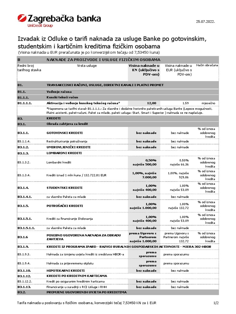 Izvadak Iz Odluke o Tarifi Naknada Za Uslug | PDF