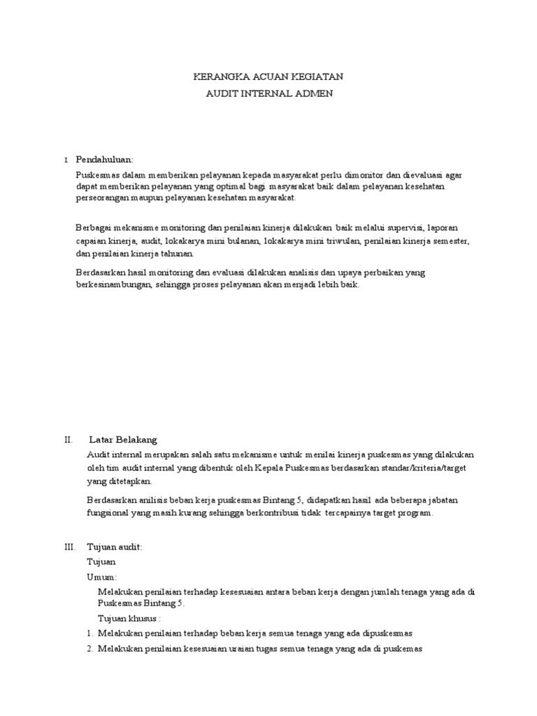 Contoh Kerangka Acuan Audit Internal Admen | PDF
