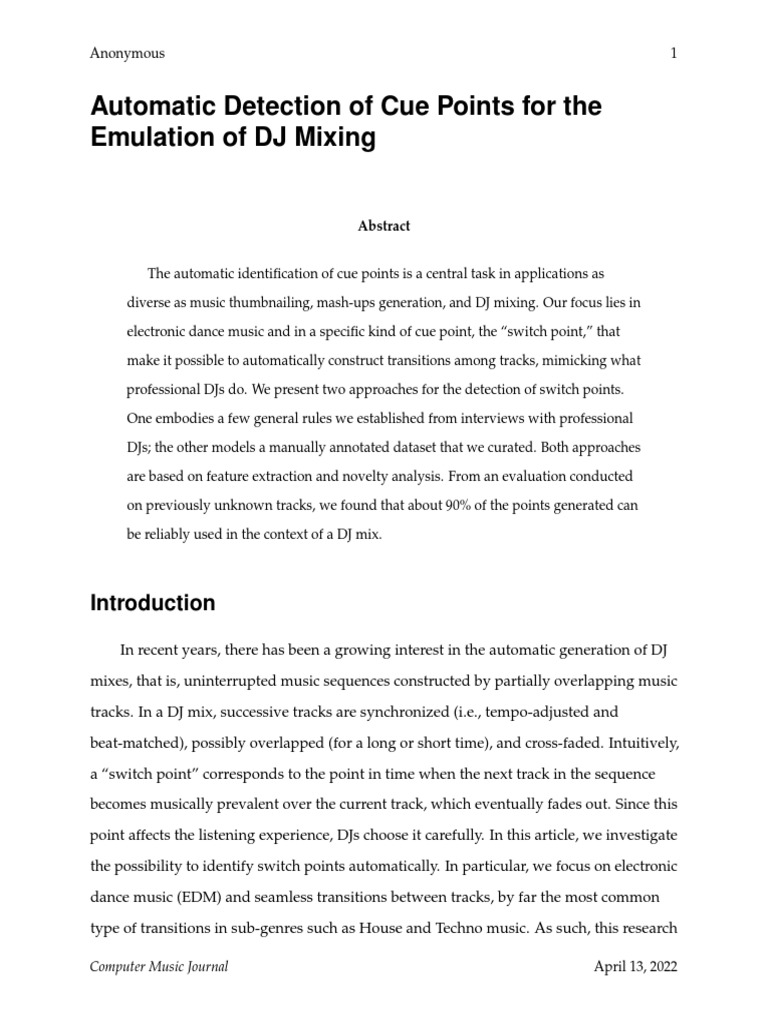 Automatic Detection Of Cue Points For The Emulation Of Dj Mixing Pdf