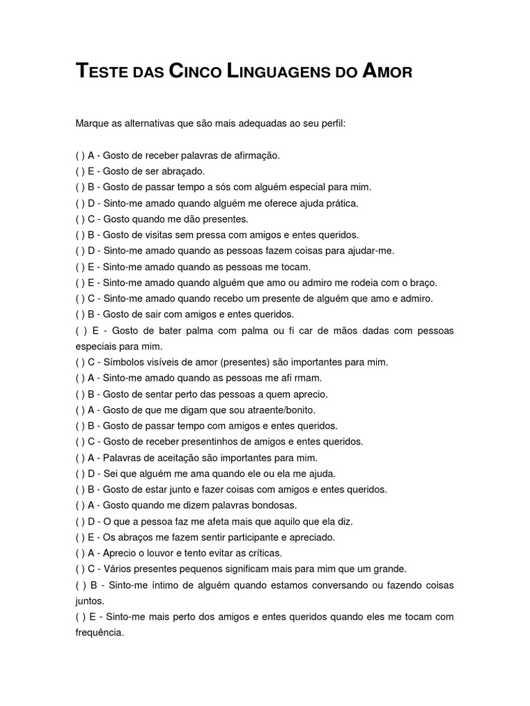 Teste Das Cinco Linguagens Do Amor | PDF | Amor | Sentimento