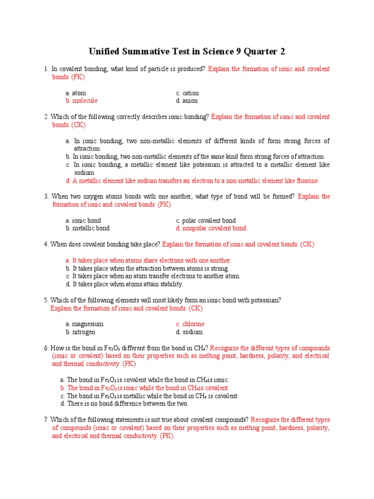 Unified Summative Test in Science 9 Quarter 2 | PDF | Chemical Bond ...