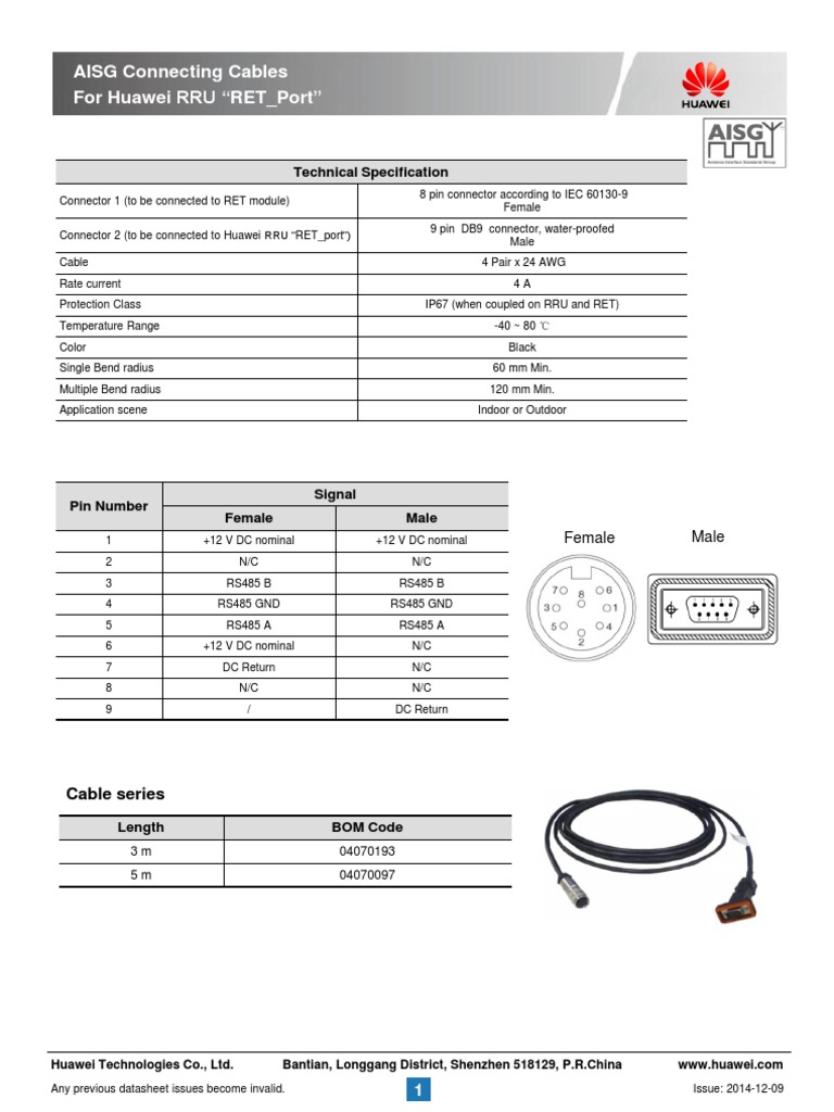 AISG Cable For Huawei RRU Datasheet | PDF | Electrical Connector ...