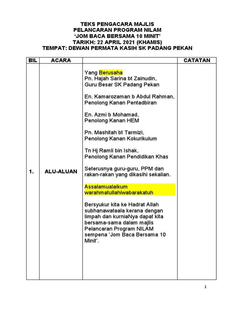 Teks Pengacara Majlis Pelancaran Nilam | PDF