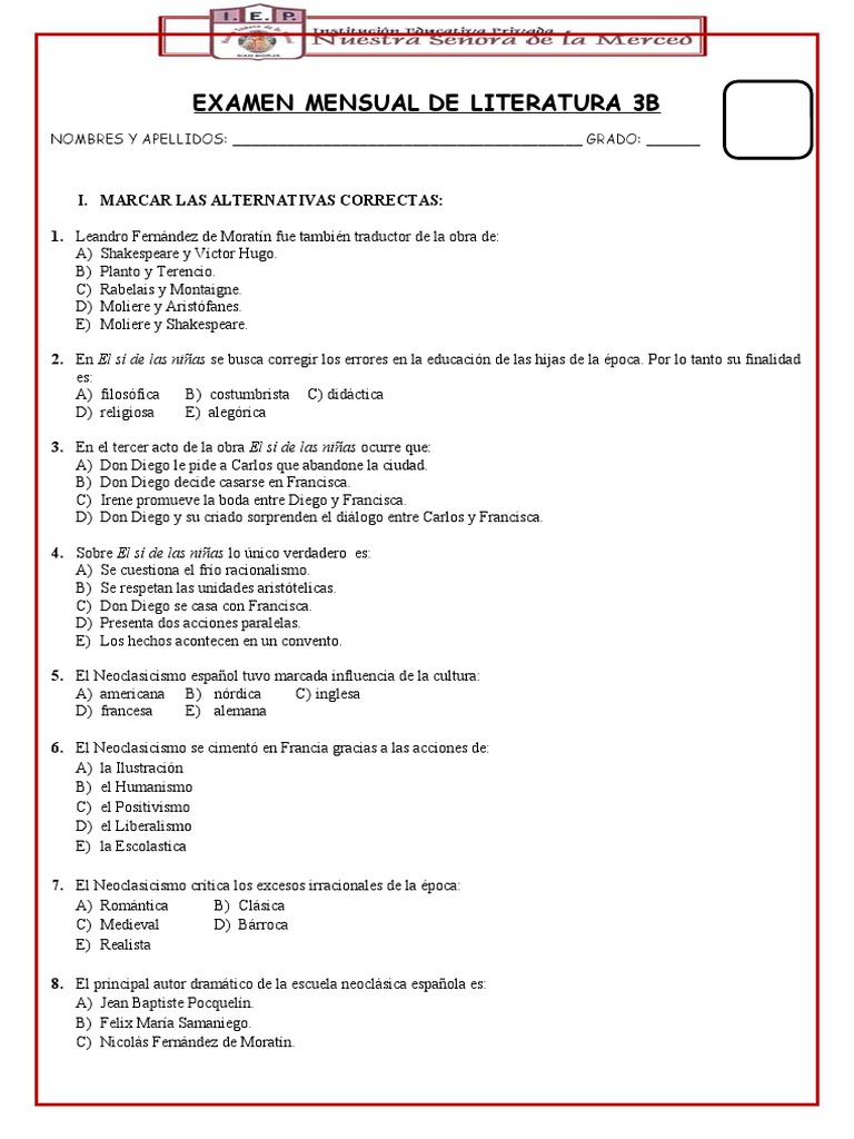 Examen Mensual de Literatura - Nivel 3B | PDF