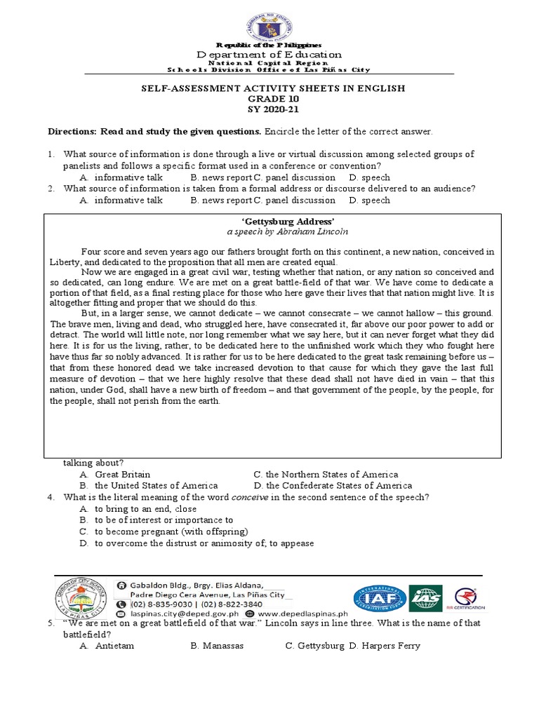 Grade 10 Self Assessment | PDF | Public Speaking