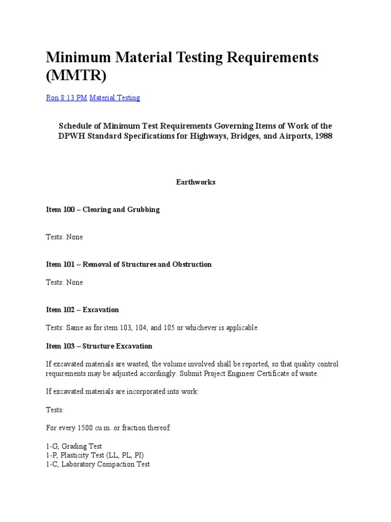 DPWH Minimum Material Testing Guide | PDF | Concrete | Asphalt