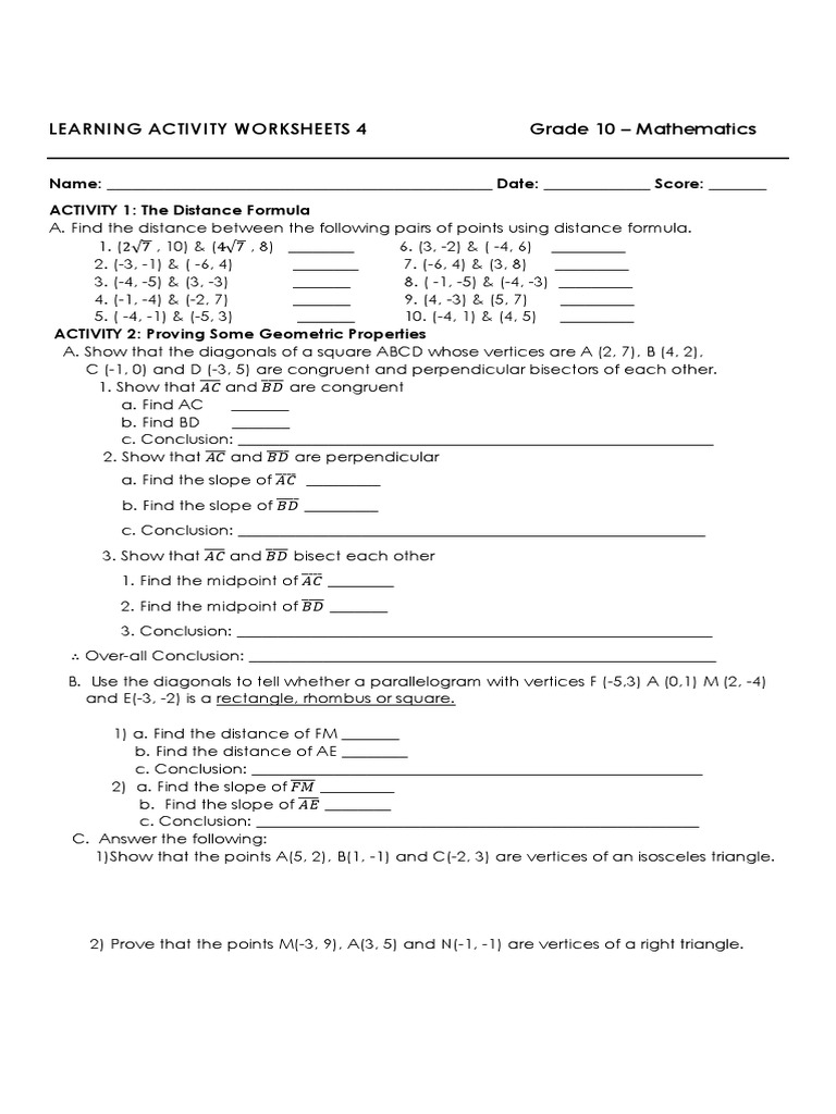 Math 10 Learning Activity Worksheet 4 Q2 Final | PDF | Rectangle | Circle
