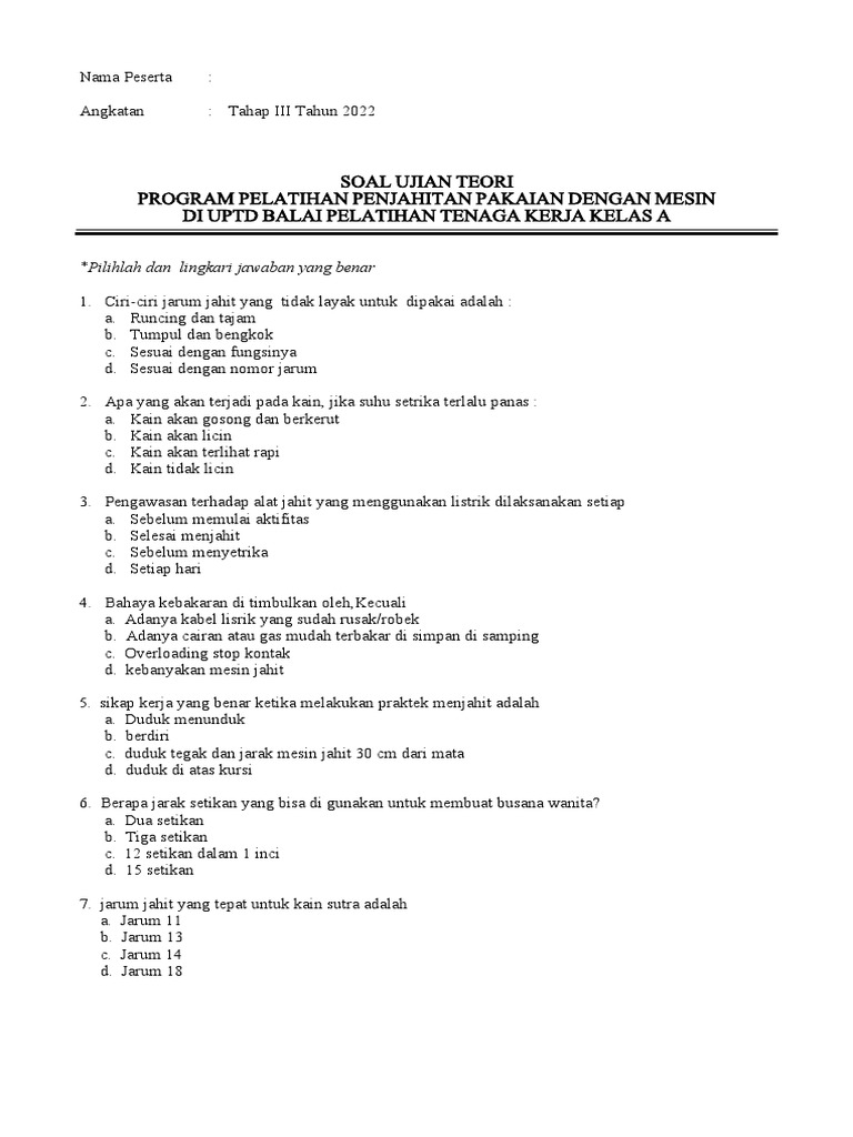 Soal Ujian Tertulis Menjahit | PDF | Griya & Taman | Teknologi & Rekayasa
