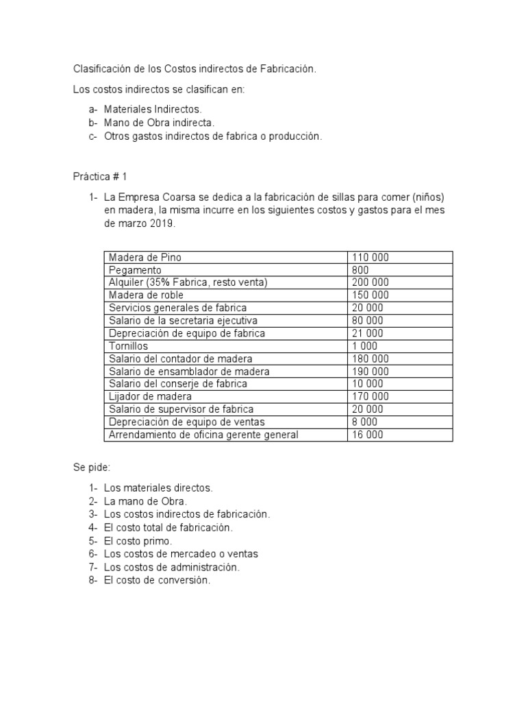 Ejercicio Clasificacion de Los Costos | PDF | Economias | Business