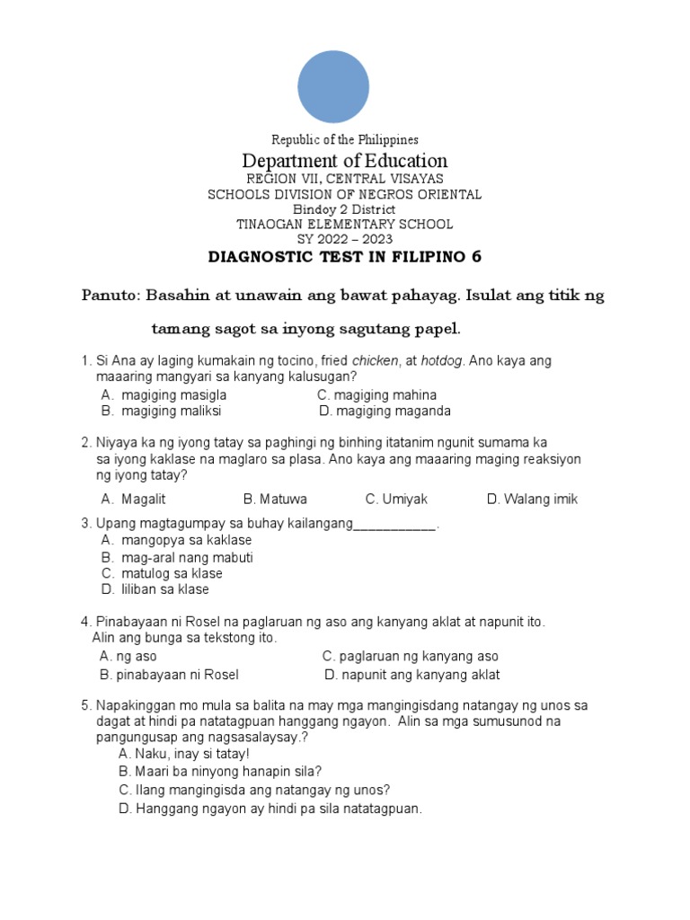 Diagnostic Test in Filipino 6 2022 With TOS | PDF