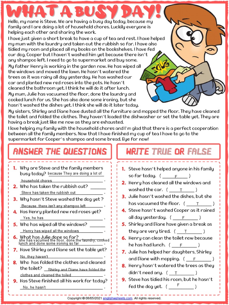 Present Perfect Tense What A Busy Day Esl Reading Comprehension ...