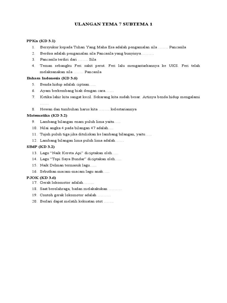 Judul yang tepat untuk dokumen tersebut adalah "Soal Ulangan Tema 7 Kelas 3 SD | PDF