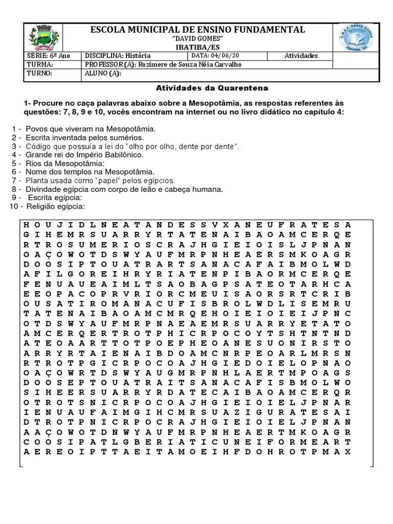 Atividades de História 6º Ano | PDF | Mesopotâmia | Antigo Egito