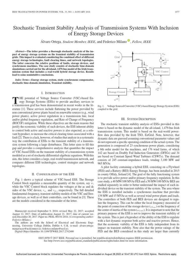 Stochastic Transient Stability Analysis of Transmission Systems With Inclusion of Energy Storage ...