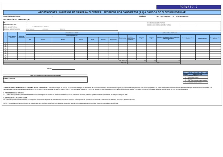 Formato-7 Aportes-Ingresos - Candidatos | PDF | Efectivo | Bancos