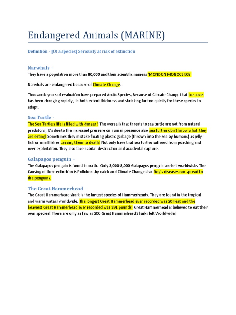 Endangered Animals - Marine | PDF | Endangered Species | Habitat ...