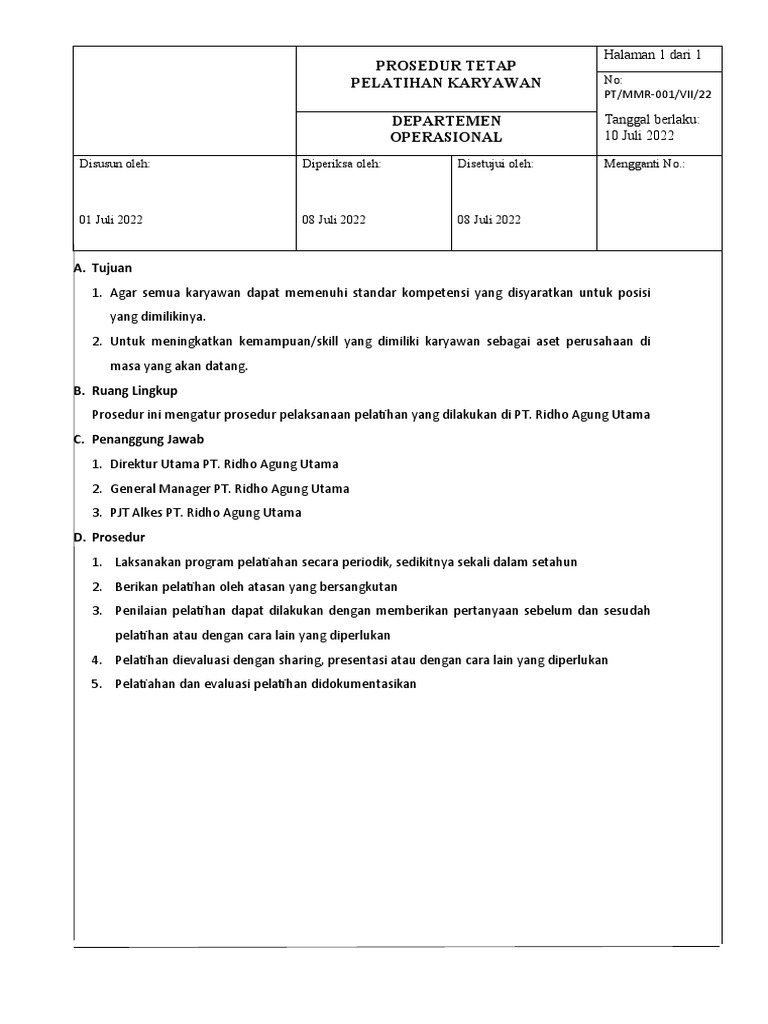 001 Sop Pelatihan Karyawan | PDF