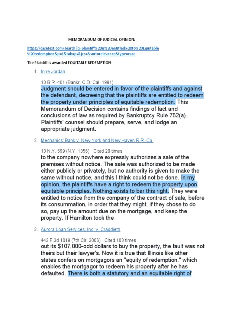 Equitable Redemption Memorandum of Judicial Opinion | PDF | Mortgage Law | Foreclosure