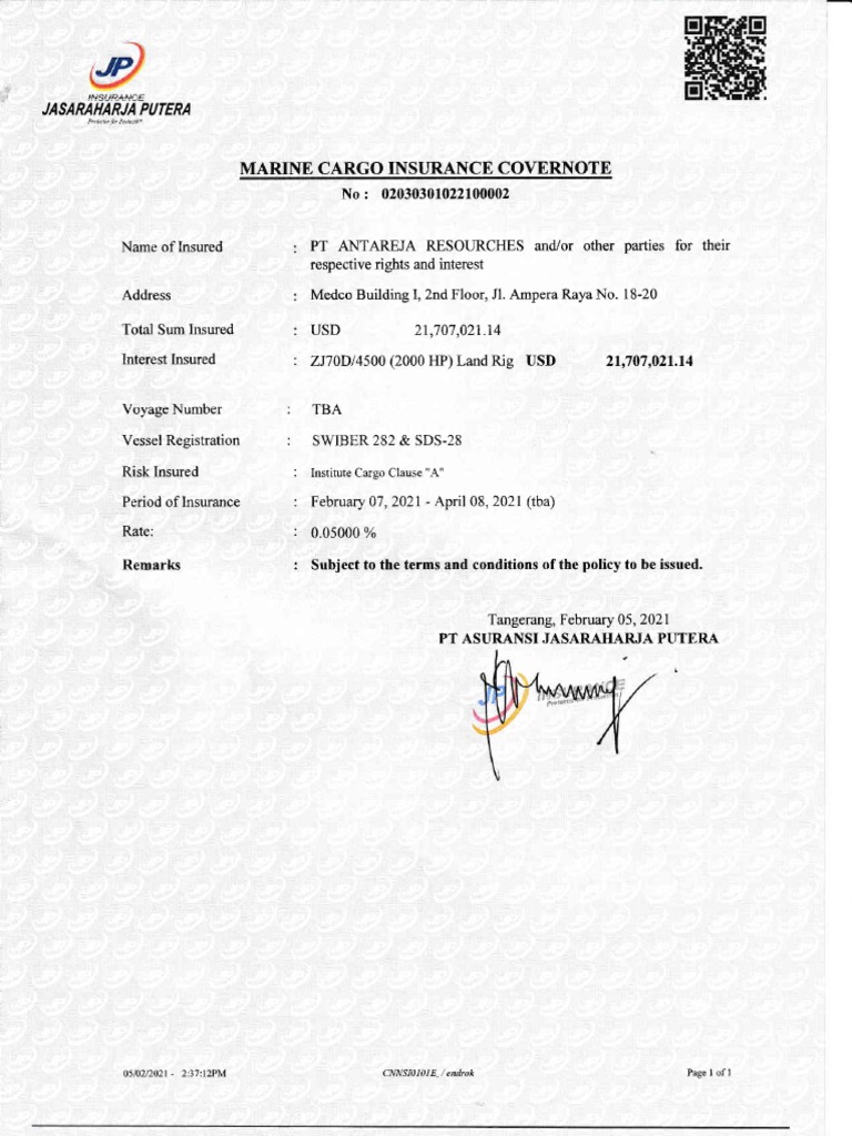 Cover Note MCI PT Antareja Resources | PDF | Insurance