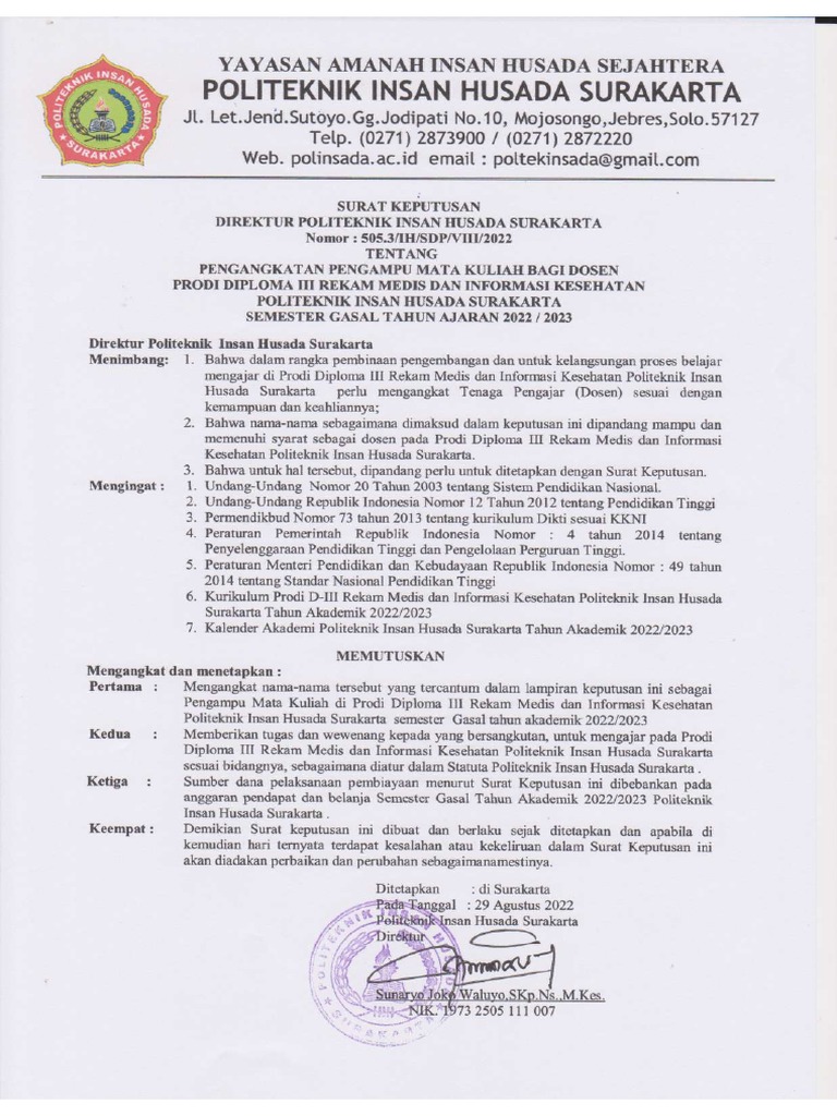 SK Dosen Mengajar Ganjil Tahun 2022-2023 | PDF