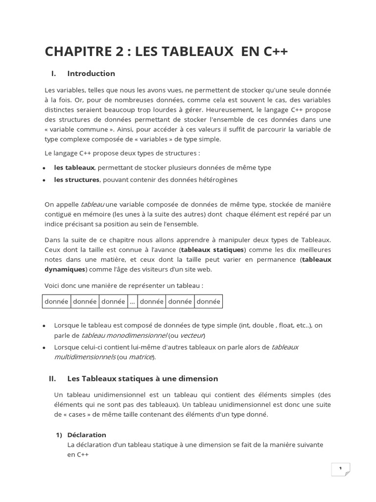 Tableaux en C++ : Guide Complet | PDF | Tableau (structure de données ...