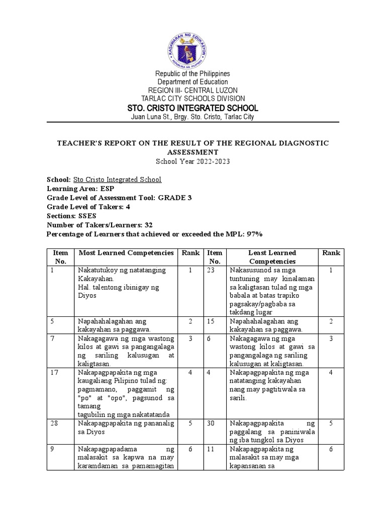 4 Sses Teachers Report ESP Diagnostic | PDF
