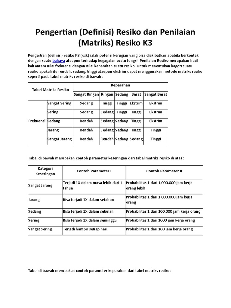 Pengertian (Definisi) Resiko Dan Penilaian (Matriks) Resiko K3 | PDF
