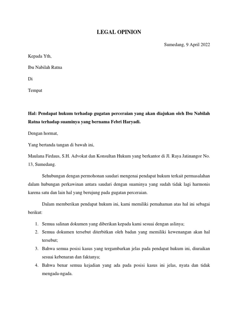 Legal Opinion-Kasus Cerai Gugat | PDF