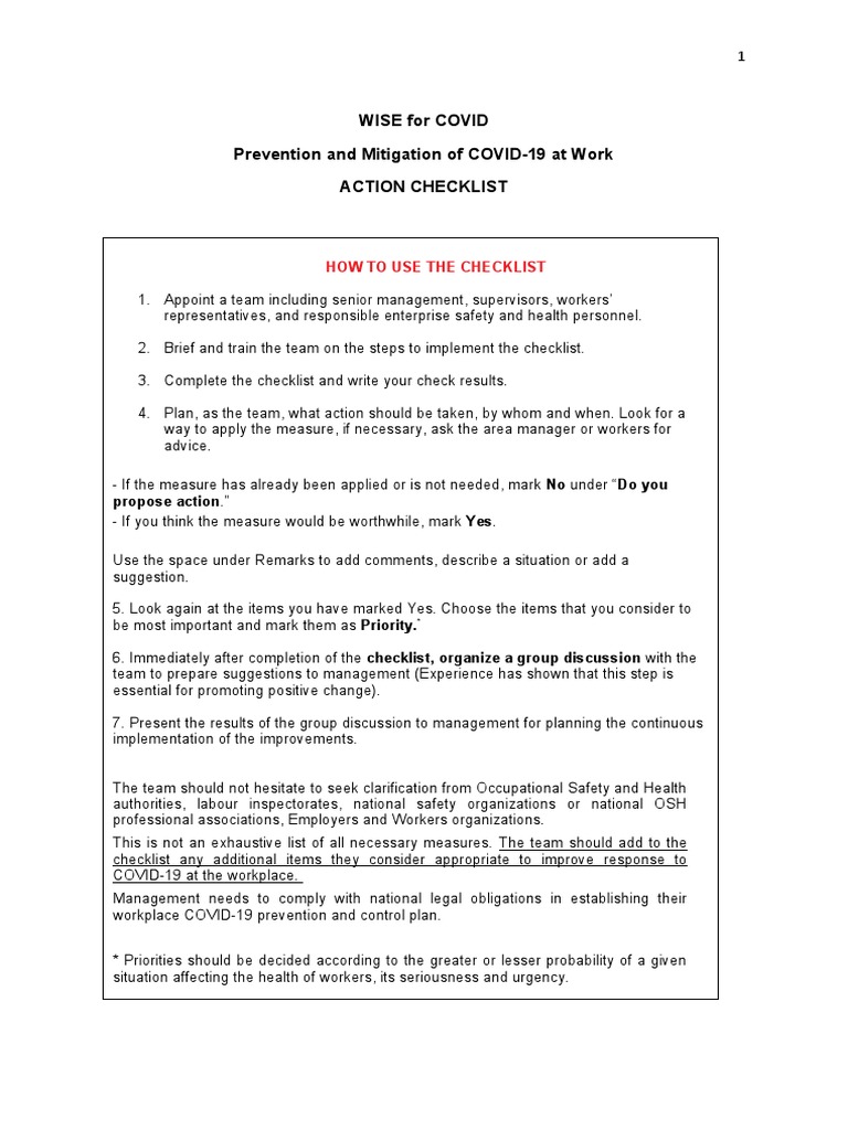 Action Checklist WISE COVID - 0505 | PDF | Hand Washing | Occupational Safety And Health