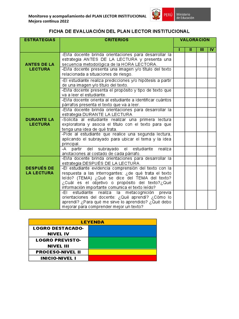 Ficha de Evaluación Del Plan Lector | PDF