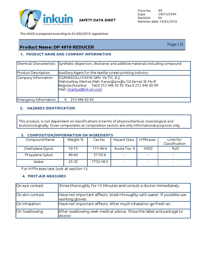 DP 4010 Reducer Safety Data Sheet | PDF | Physical Sciences | Chemistry