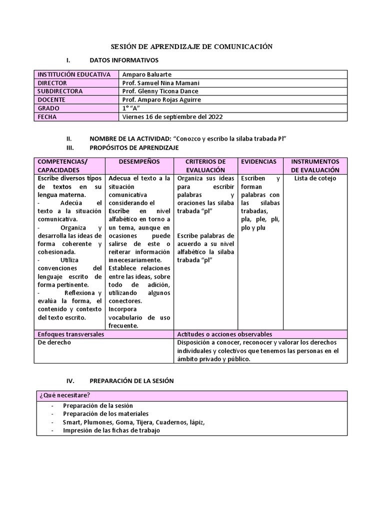 Sesión de Aprendizaje de Comunicación Escribimos Palabras Con Las Silabas PL - 16 Septiembre ...