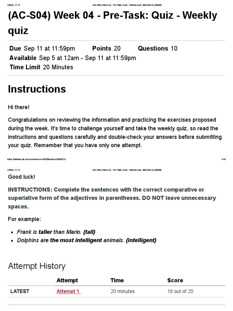 (AC-S04) Week 04 - Pre-Task - Quiz - Weekly Quiz - INGLES IV (28369) | PDF | Linguistics ...