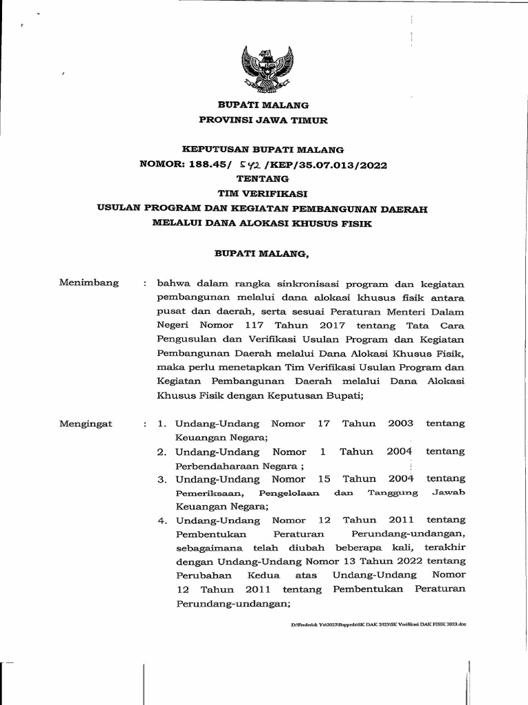 SK Tim Verifikasi Usulan Program Dan Kegiatan Pembangunan Daerah Melalui Dana Alokasi Khusus ...