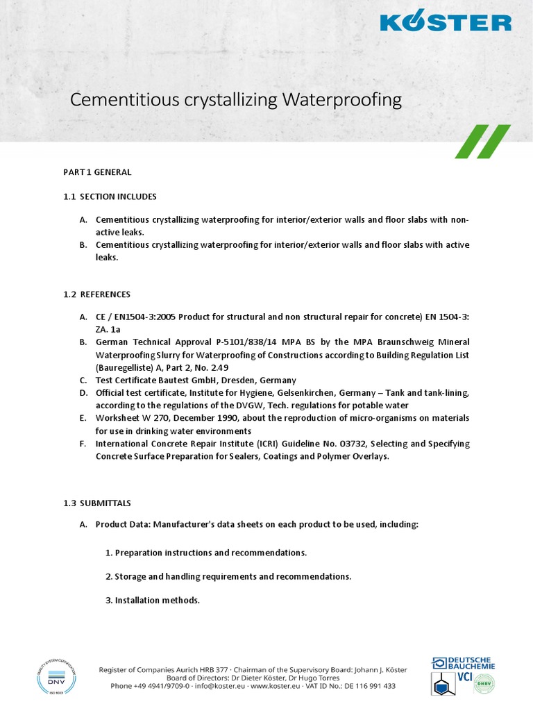 KOSTER NB1 Grey Specification For Cementitious Crystallizing ...